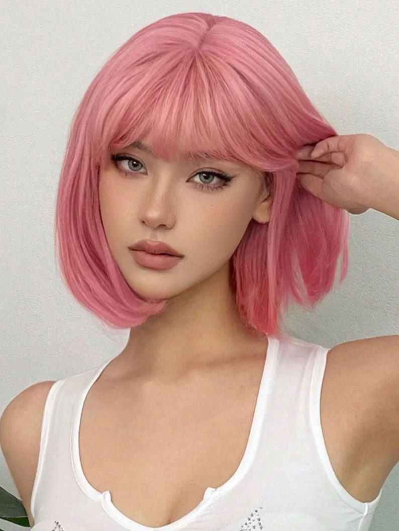 Light Pink Wig, Short Straight Pink Wig, Pink Wig,pink Human Hair, Lace ...