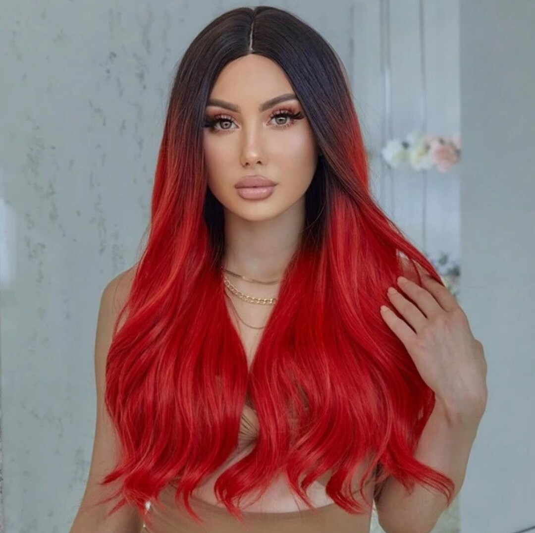 Red Hair With Dark Roots, Long Wavy Wig, Synthetic Multicolor Wig ...