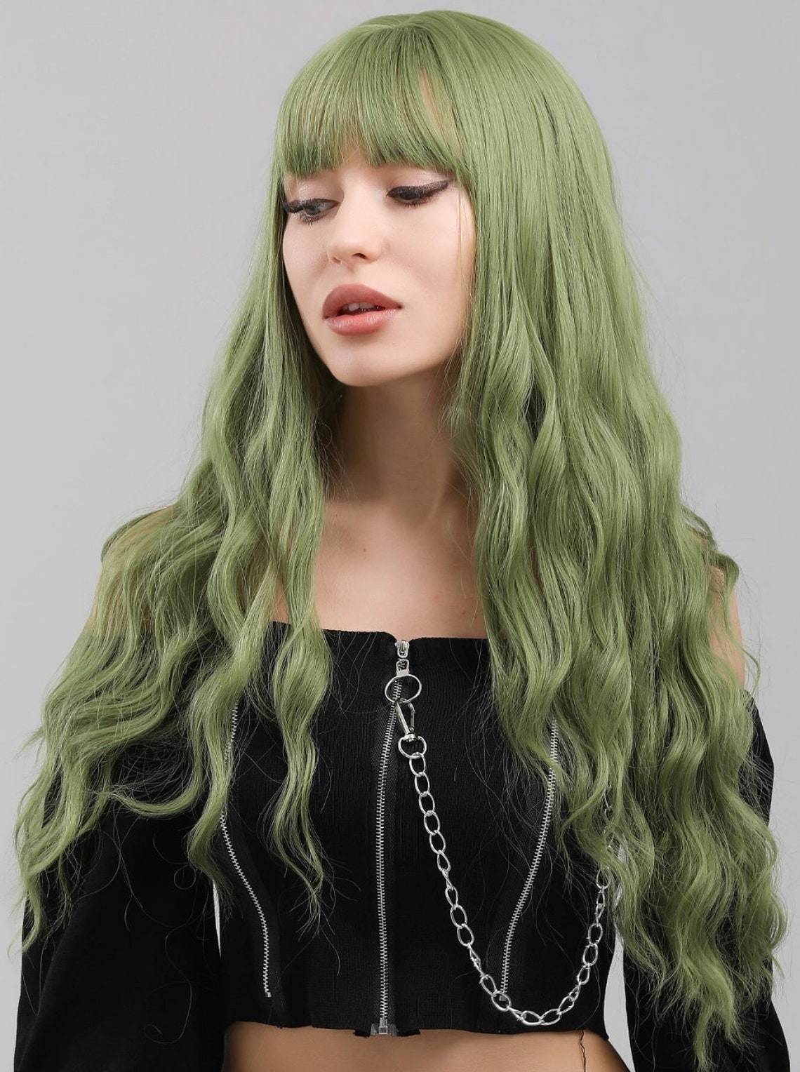 Long Curly Green Wig,halloween Wig,green Hair,wig With Bangs, Cosplay ...