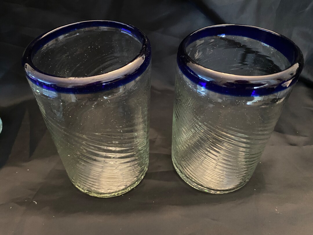 Hand Blown Mexican Glass Swirl Tumblers - Cobalt Blue Rimmed - Etsy