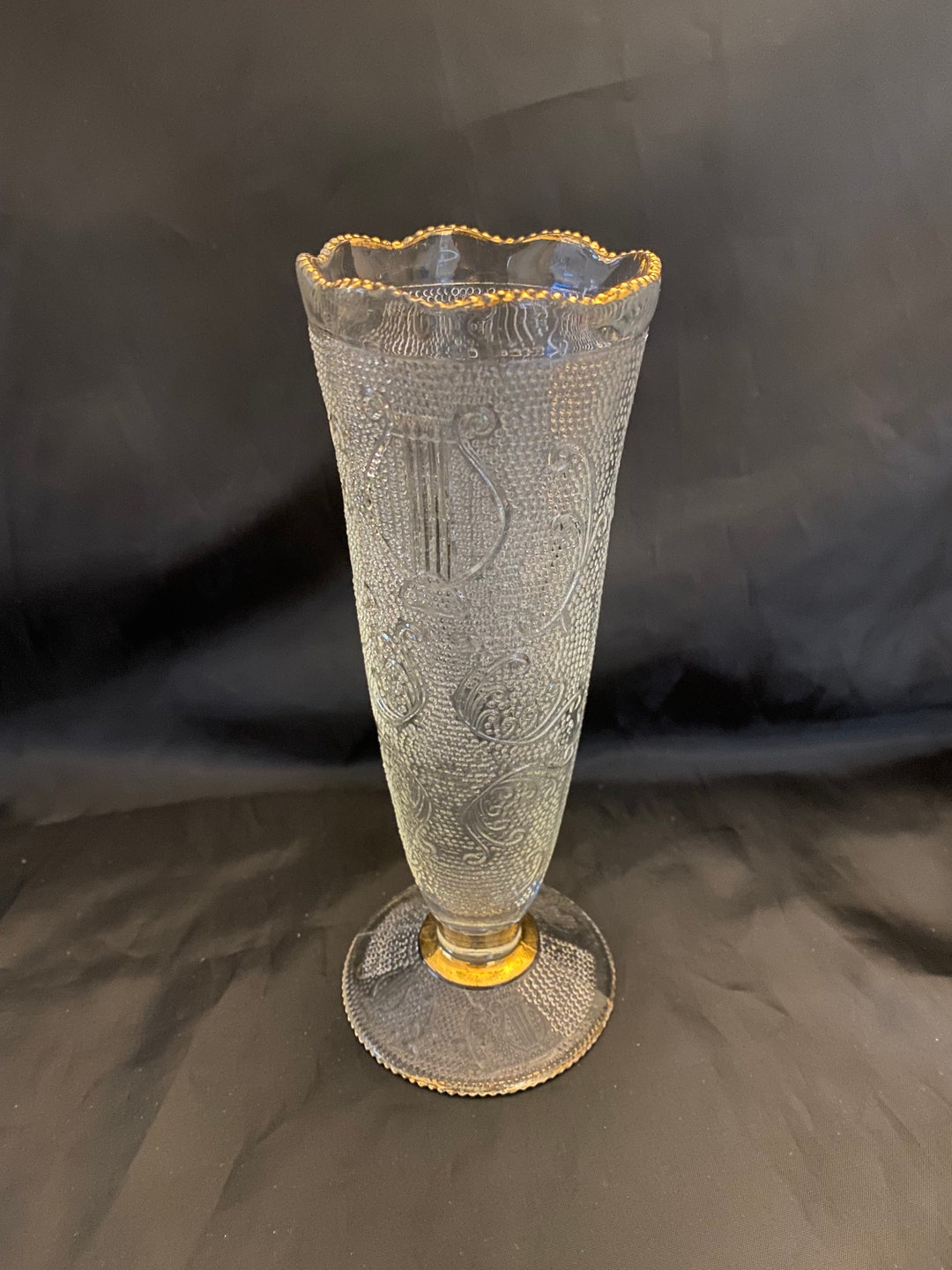 Jeannette Glass Harp Bud Vase Pressed Glass Vase With Gold Trim - Etsy