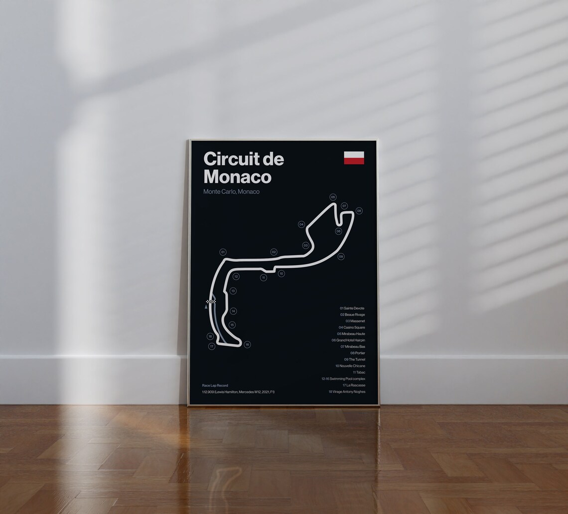 F1 Circuit Poster Monaco Monaco Circuit Print Monaco Track Map Poster Formula 1 Wall Art Print ...