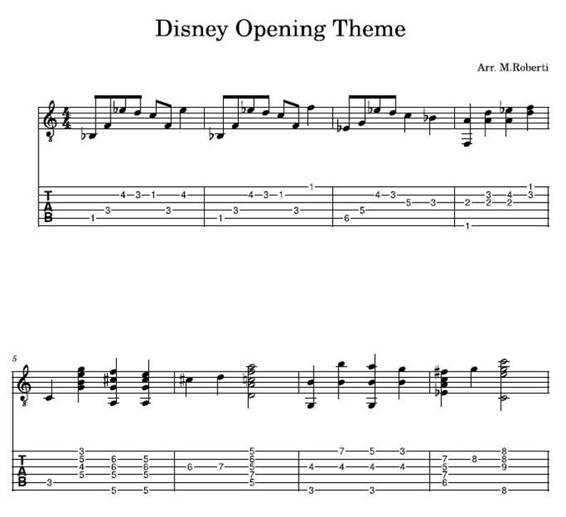 Disney Opening Theme Sheet Music - Guitar Tutorial TABS and Score - Etsy