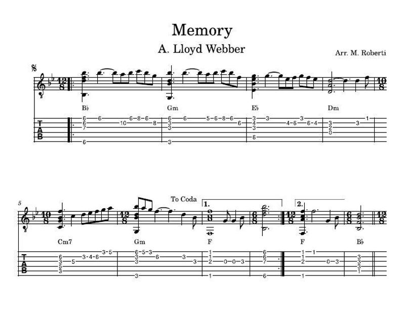 Memory Sheet Music - Guitar Tutorial TABS and Score - Etsy