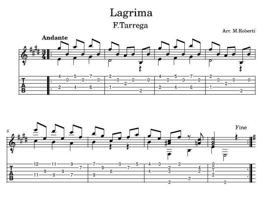 Lagrima (f.tàrrega) Sheet Music - Guitar Tutorial TABS and Score - Etsy