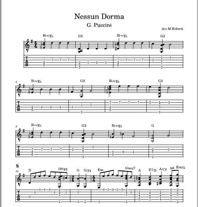 Nessun Dorma (g.puccini) Sheet Music - Guitar Tutorial TABS and Score ...