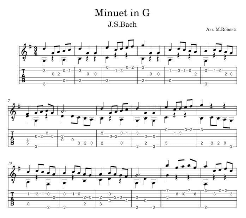 Minuet in G (j.s.bach) Sheet Music - Guitar Tutorial TABS and Score - Etsy