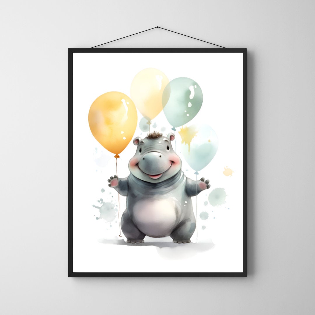 Happy Hippos, Joyful Hippo Poster, Whimsical Kids Room Decor, Playful ...