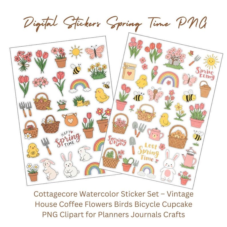 Spring Time Sticker & Clipart Set – Cute Bunnies, Flowers, Bicycle ...
