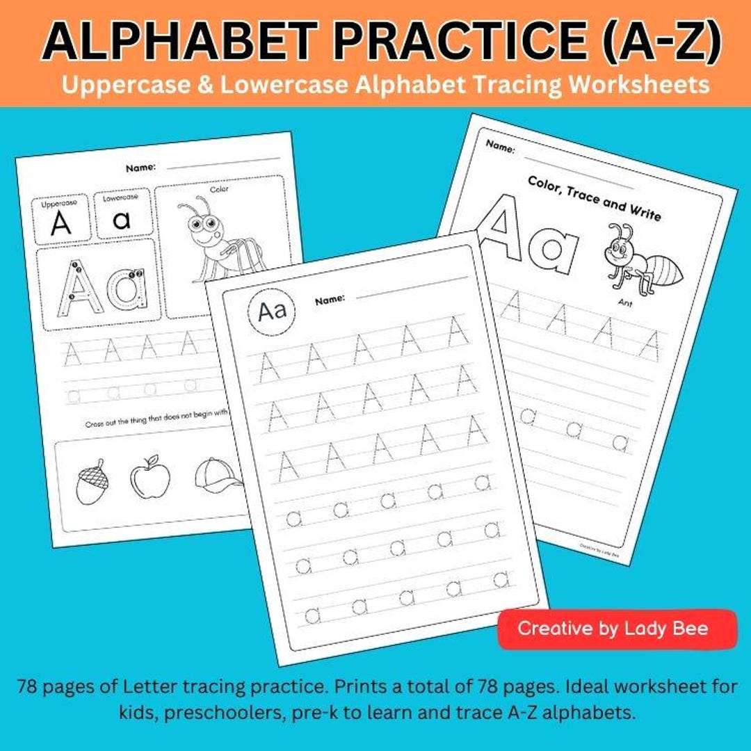 Alphabet Tracing Uppercase & Lowercase Practice Worksheets - Etsy