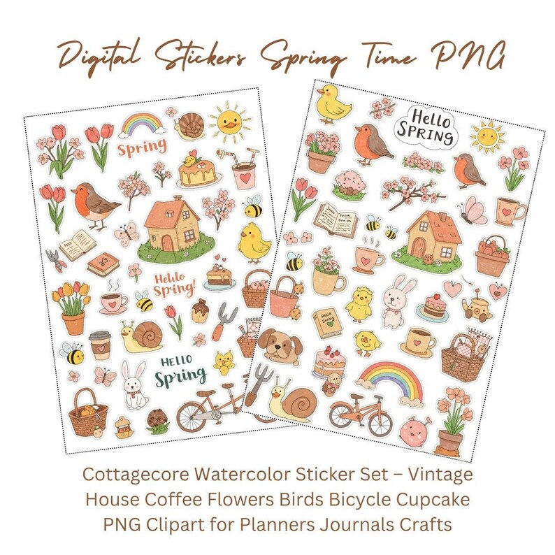 Spring Time Sticker & Clipart Set – Cute Bunnies, Flowers, Bicycle ...