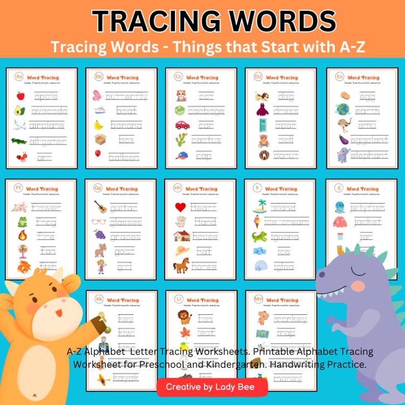 A-Z Alphabet Letter Tracing Worksheets and Word Tracing - Etsy