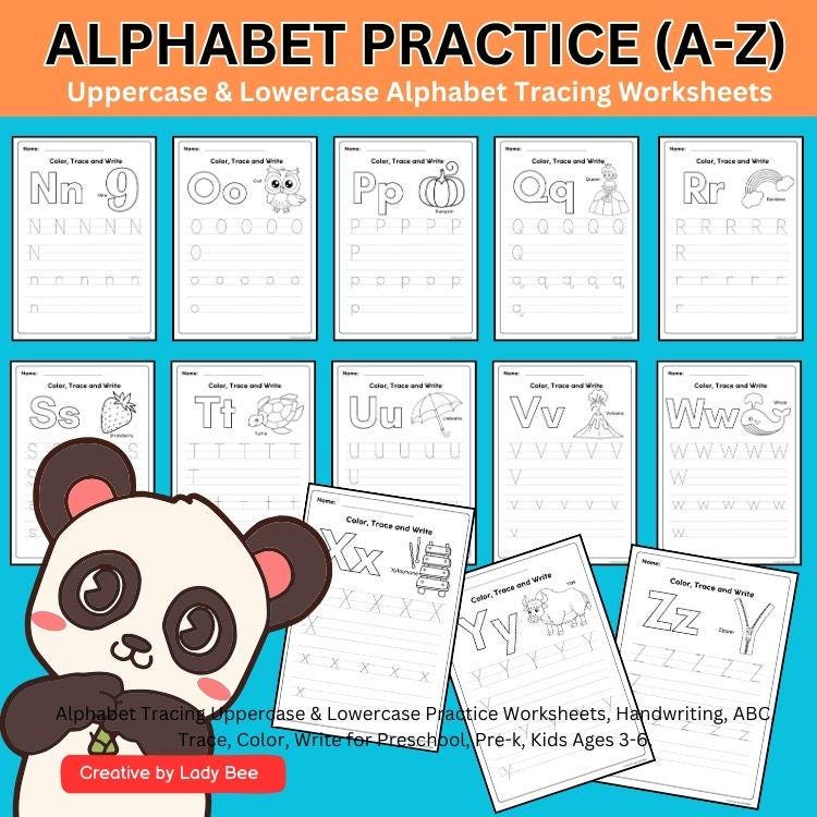 Alphabet Tracing Uppercase & Lowercase Practice Worksheets - Etsy