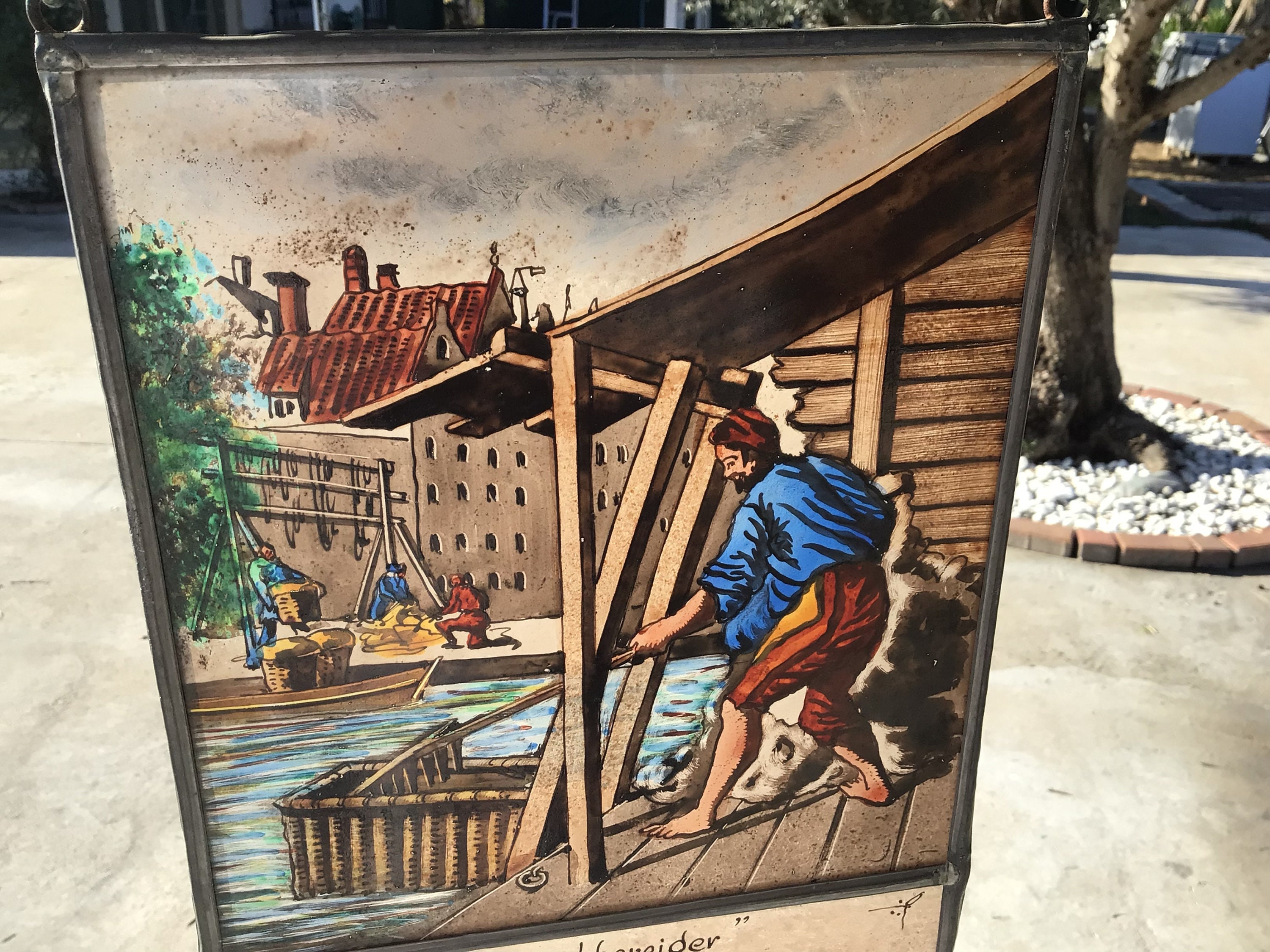 Antique Dutch Arts & Crafts Hand Painted Stained Glass Panel, a Woodman ...