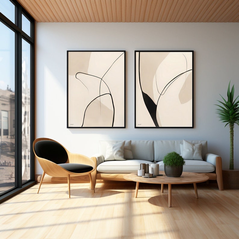 Beige abstrakte Malerei 2er Set, Linie Zeichnung Druck, minimalistische Poster Set, moderne ...