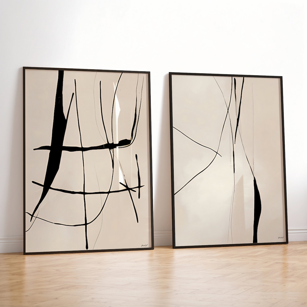 Abstract Line Art Prints Set of 2 Printable Wall Art, Black Beige ...