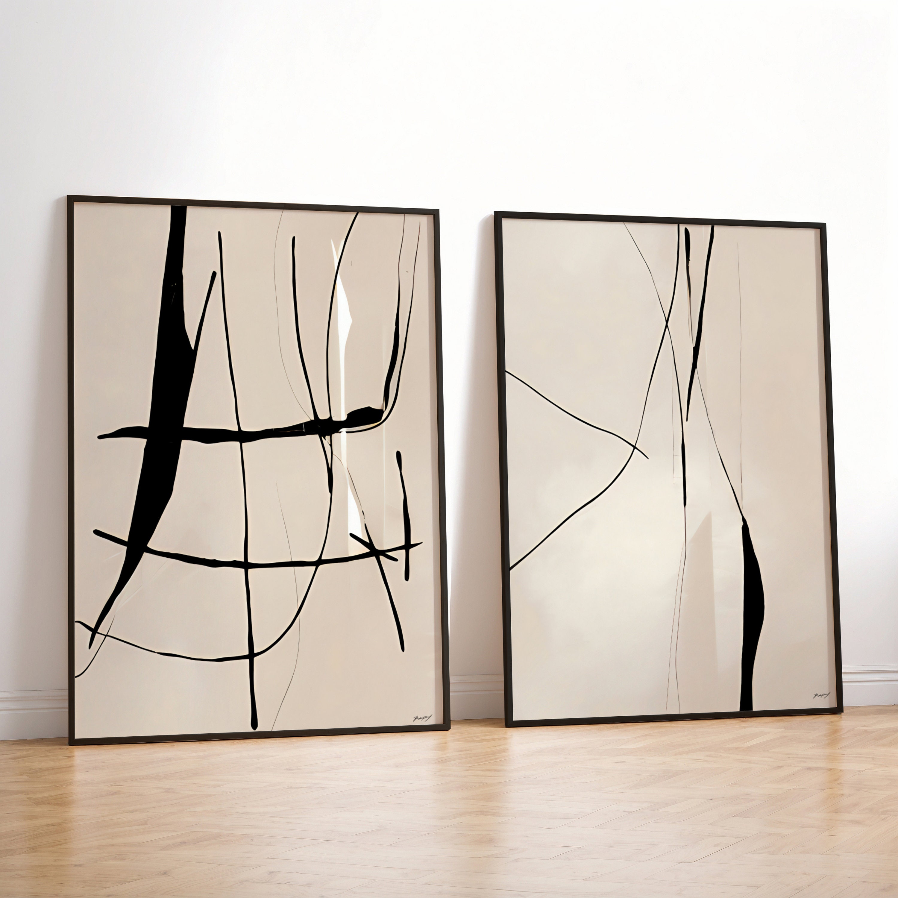 Abstract Line Art Prints: Black & Beige Brush Strokes (digital Download ...