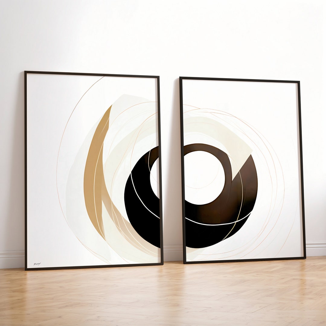 Minimalistische abstrakte Kunst 2er-Set Drucke, kreisförmige Formen, moderne Linie Kunst beige ...