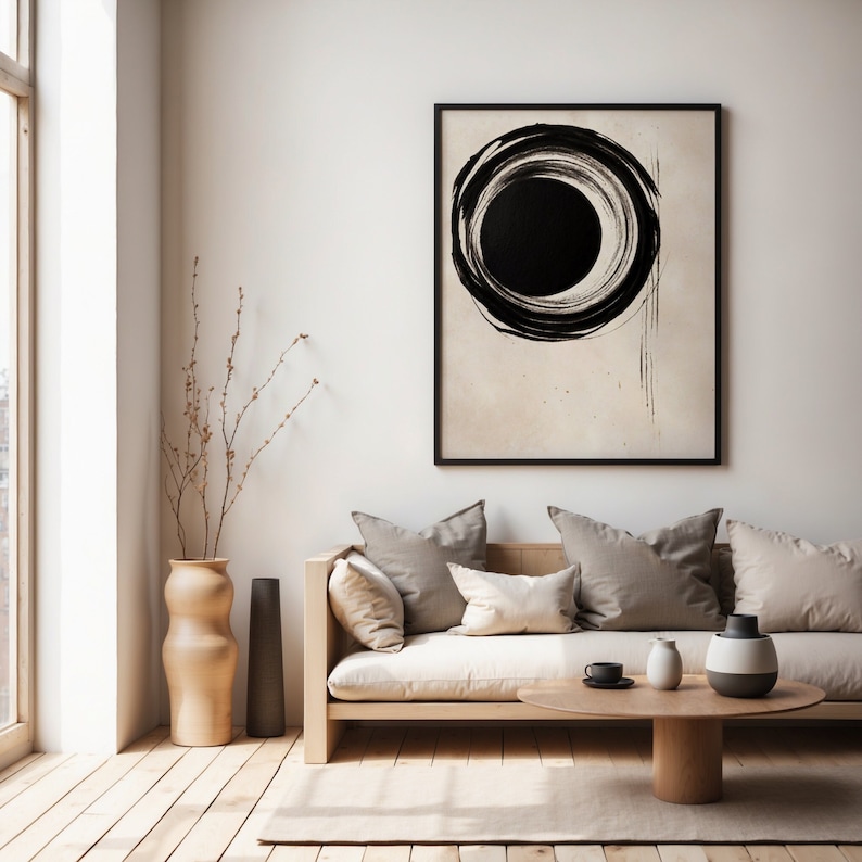 Japandi Print, Kreis Wand Kunst zum ausdrucken, Schwarz Beige Abstrakte Kunst Minimalistisch ...
