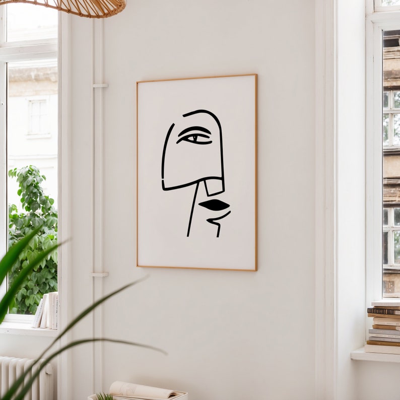 Abstract Face Art Line Drawing Print, Black White Trendy Illustration Printable Wall Art ...