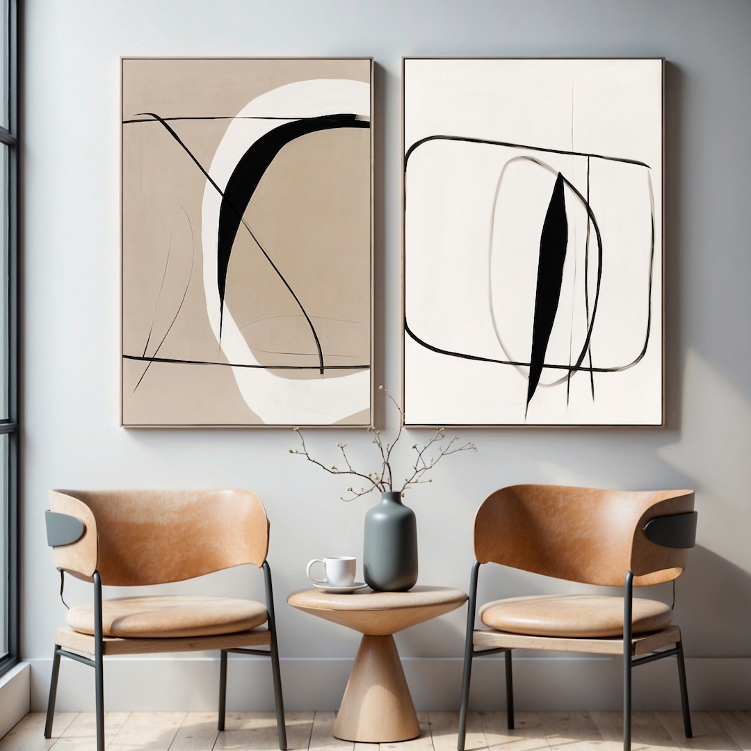 Neutral Abstract Line Art Prints: Beige Black Gallery Wall (digital ...