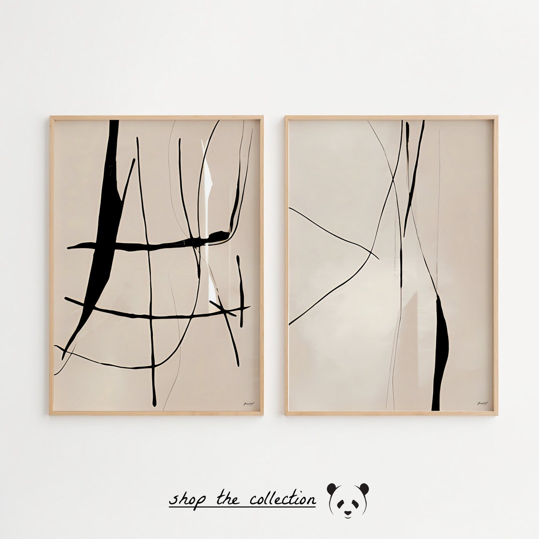 Abstract Line Art Prints Set of 2 | Black Beige Wall Art | Modern Line ...