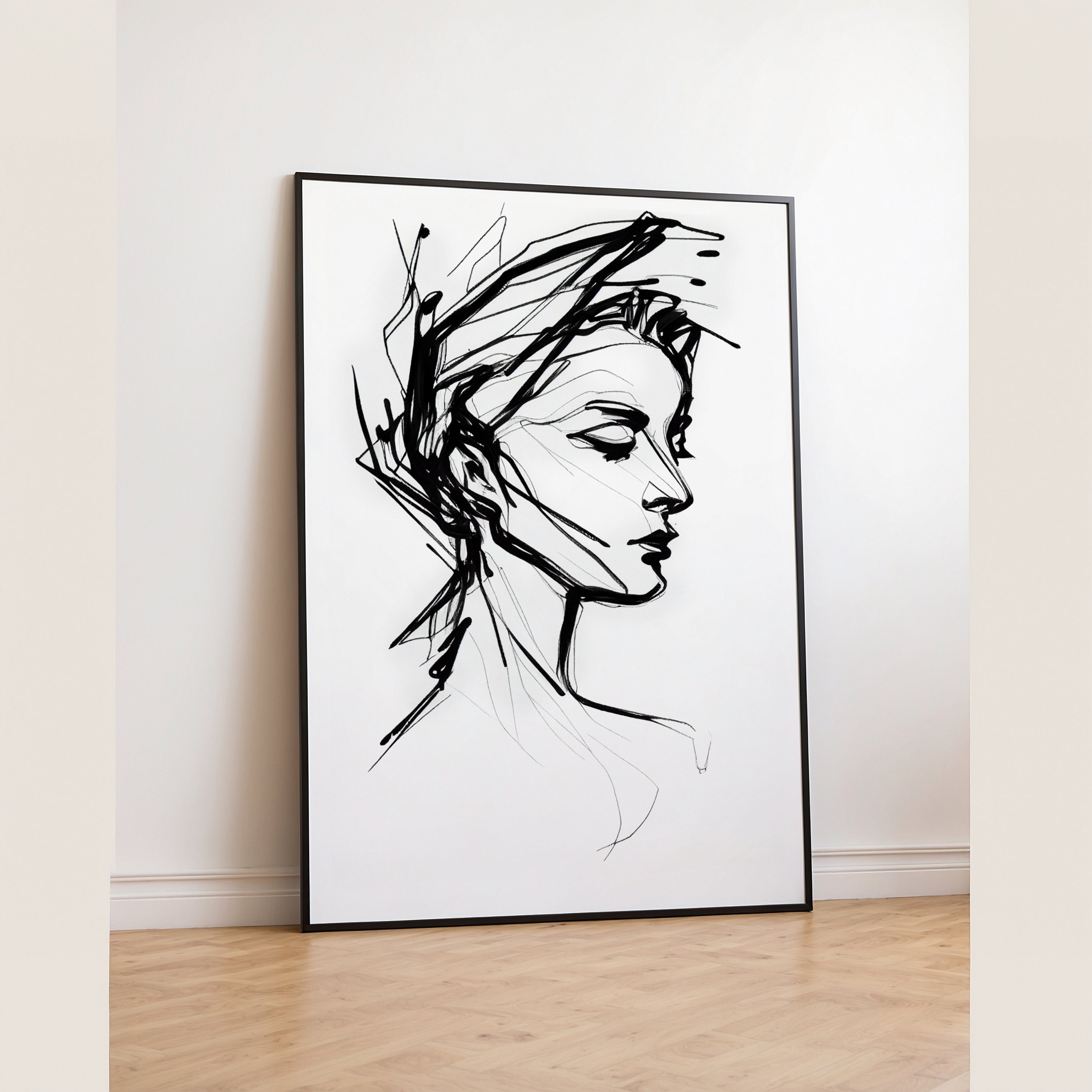 Minimalist Woman Line Art Print: Black and White Sketch (digital ...