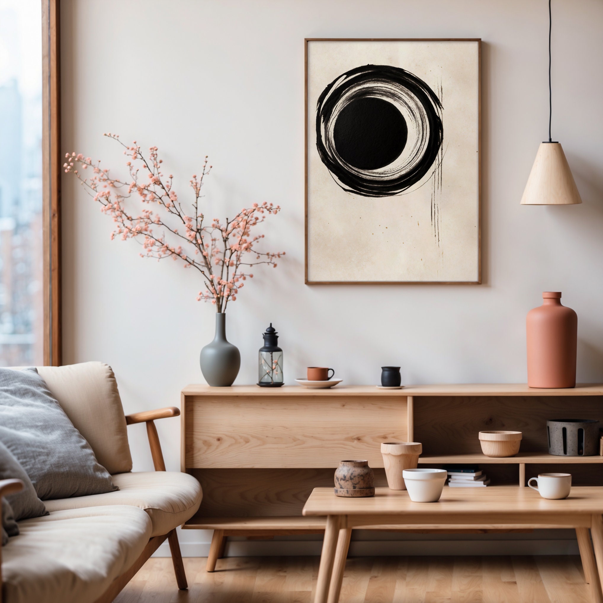 Japandi Print, Kreis Wand Kunst zum ausdrucken, Schwarz Beige Abstrakte Kunst Minimalistisch ...