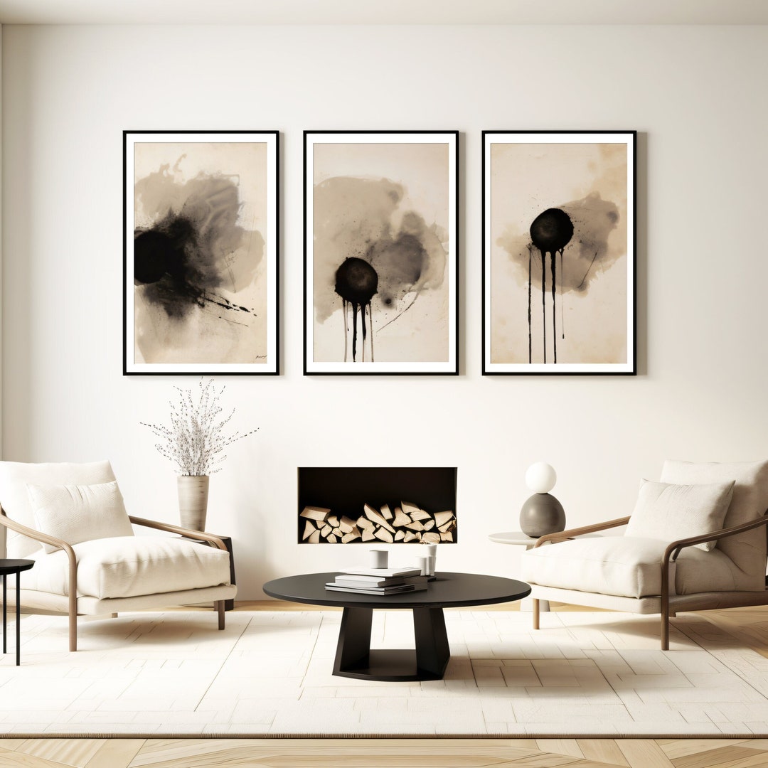 Wabi Sabi Set mit 3 Drucken Neutrale Wandkunst beige schwarze Drucke, Japandi abstrakte ...
