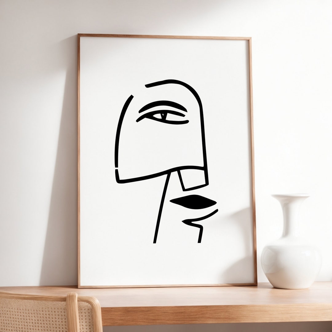 Abstract Face Art Line Drawing Print, Black White Trendy Illustration Printable Wall Art ...