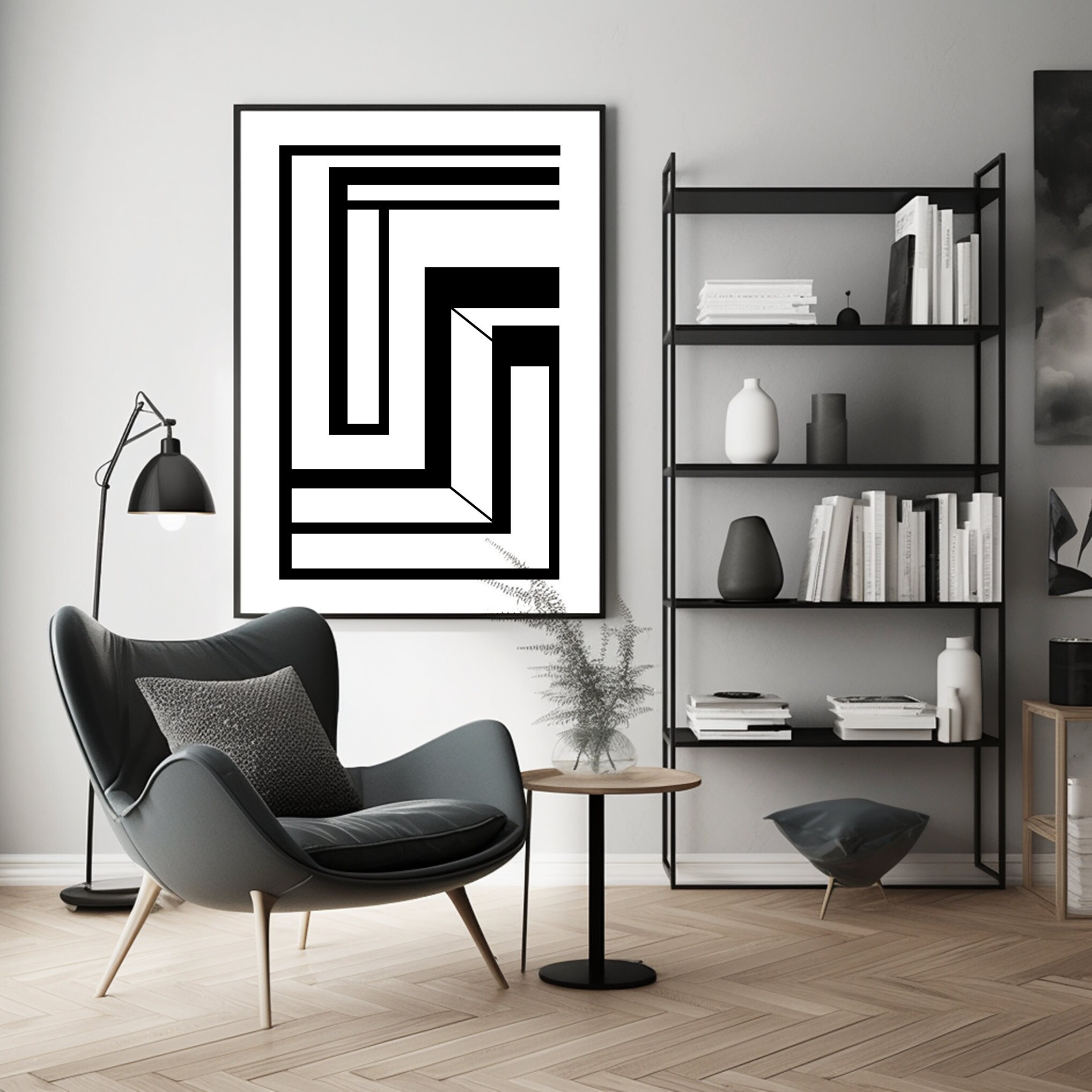 Black White Abstract Line Art Print, Minimalist Geometric Wall Art ...
