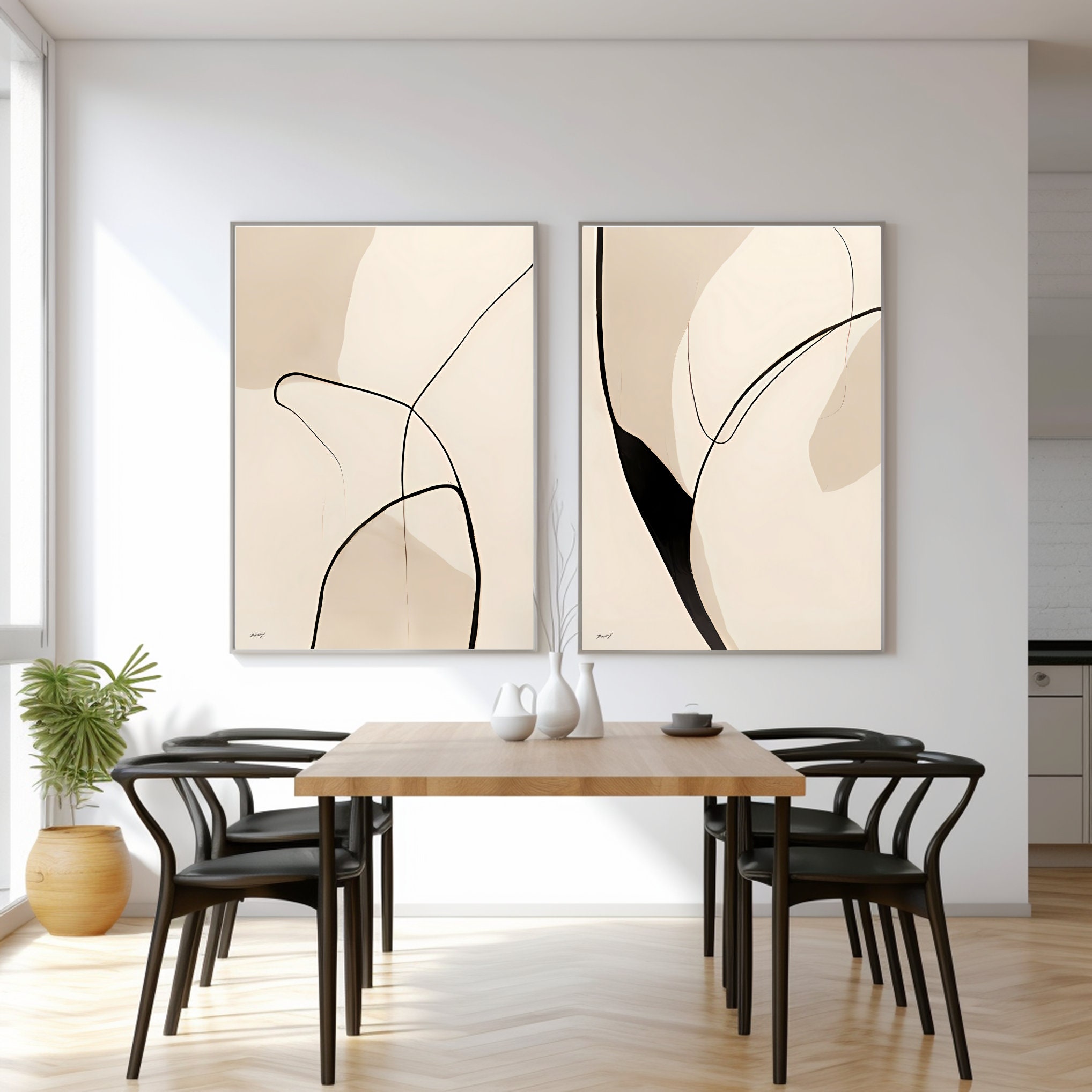 Beige abstrakte Malerei 2er Set, Linie Zeichnung Druck, minimalistische Poster Set, moderne ...