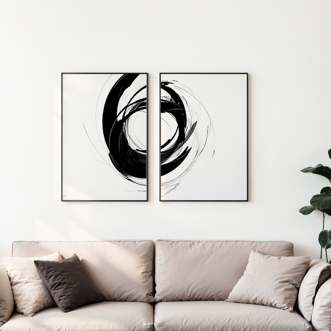 Black and White Abstract Circles Print Set of 2, Modern Lines and Brush ...