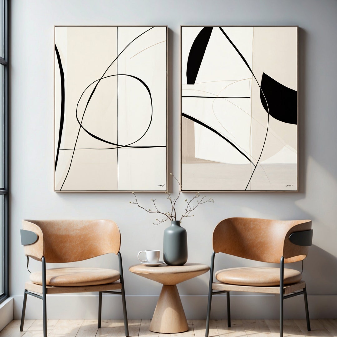 Abstract Lines Wall Art Set - Black & Beige Prints, Modern Decor ...
