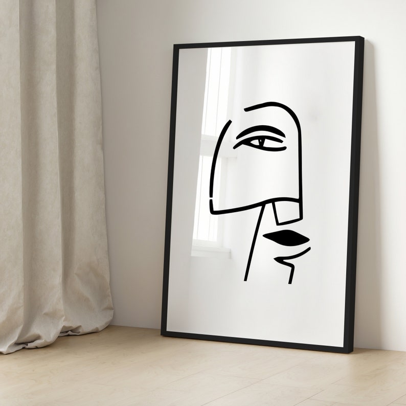 Abstract Face Art Line Drawing Print, Black White Trendy Illustration Printable Wall Art ...