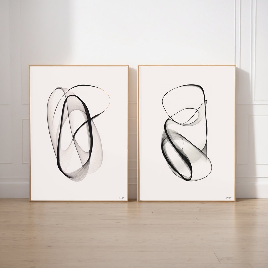 Fine Line Art Print Set of 2, Black Beige Abstract Wall Art Printable ...