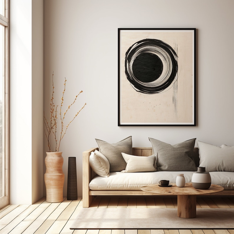 Kreis Wand Kunst Japandi Druck, schwarz Beige abstrakte Kunst, minimalistische Wabi Sabi Malerei ...