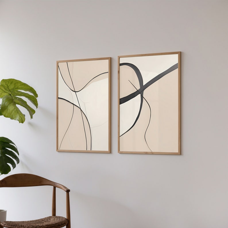 Abstrakte Wand Kunst 2er Set Linie Zeichnung Prints, minimalistische Ölmalerei, schwarz beige ...