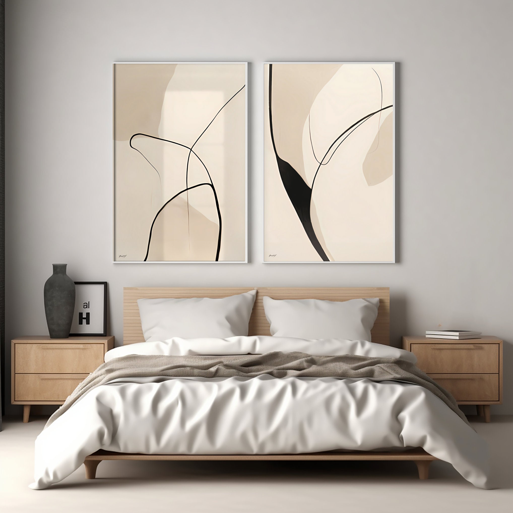 Beige abstrakte Malerei 2er Set, Linie Zeichnung Druck, minimalistische Poster Set, moderne ...