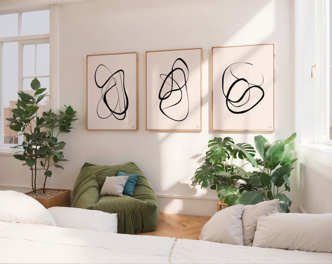 Single Line Drawing Abstract Print Set of 3, Black White Printable Wall ...