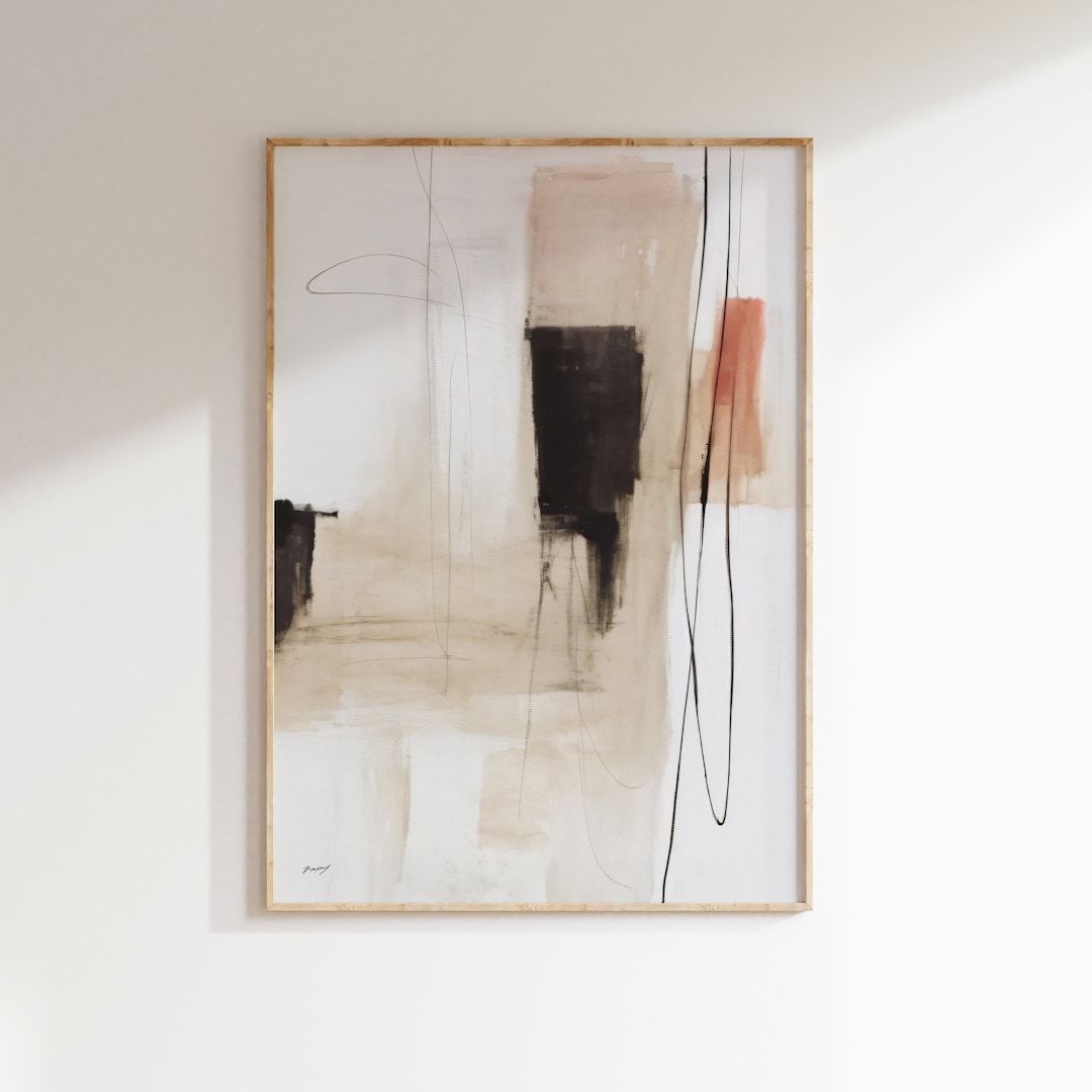 Neutral Abstract Art Line Drawing Print, Black Beige Abstract Art ...