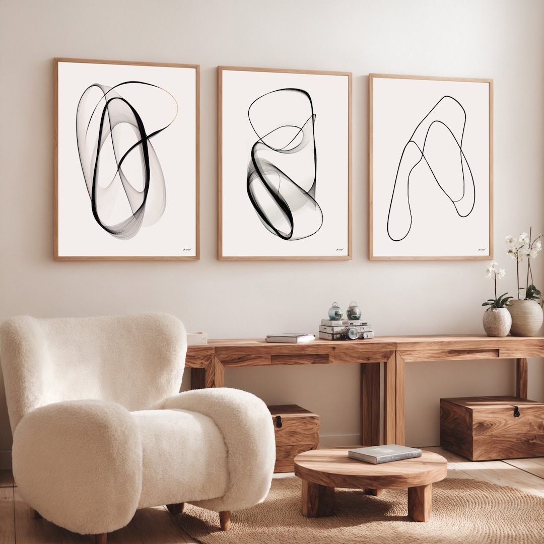 Abstract Lines Wall Art Set of 3 Prints, Black Beige Fine Line Drawing ...