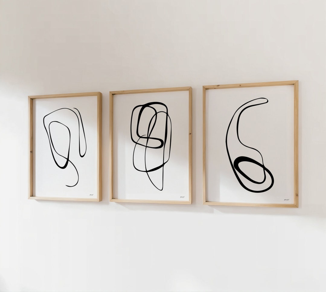Line Art Print Set of 3, Nordic Wall Art Black White Abstract Line ...