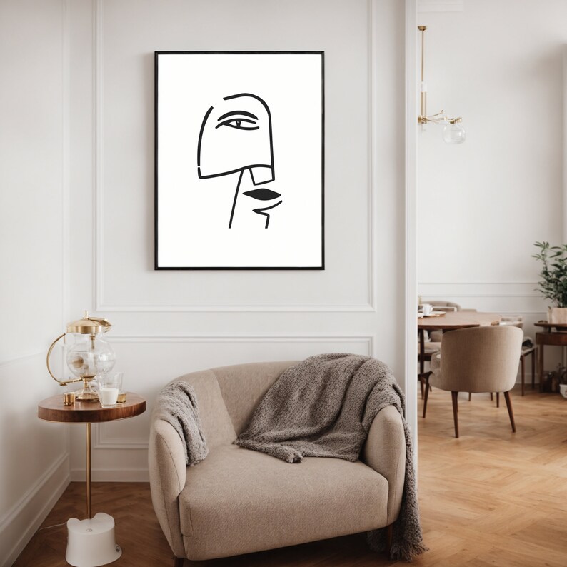Abstract Face Art Line Drawing Print, Black White Trendy Illustration Printable Wall Art ...
