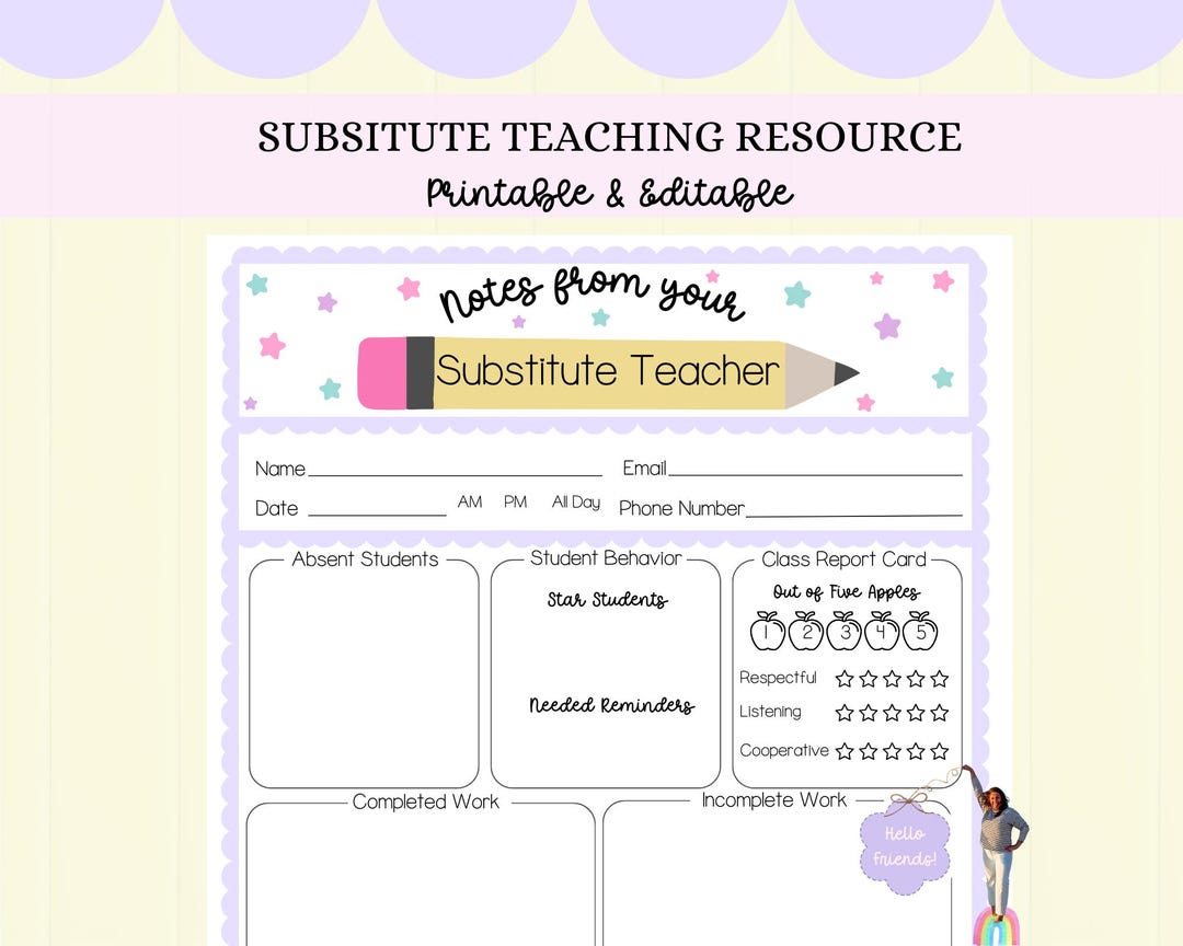 Substitute Teacher Report, Printable Note for Teachers, Substitute ...