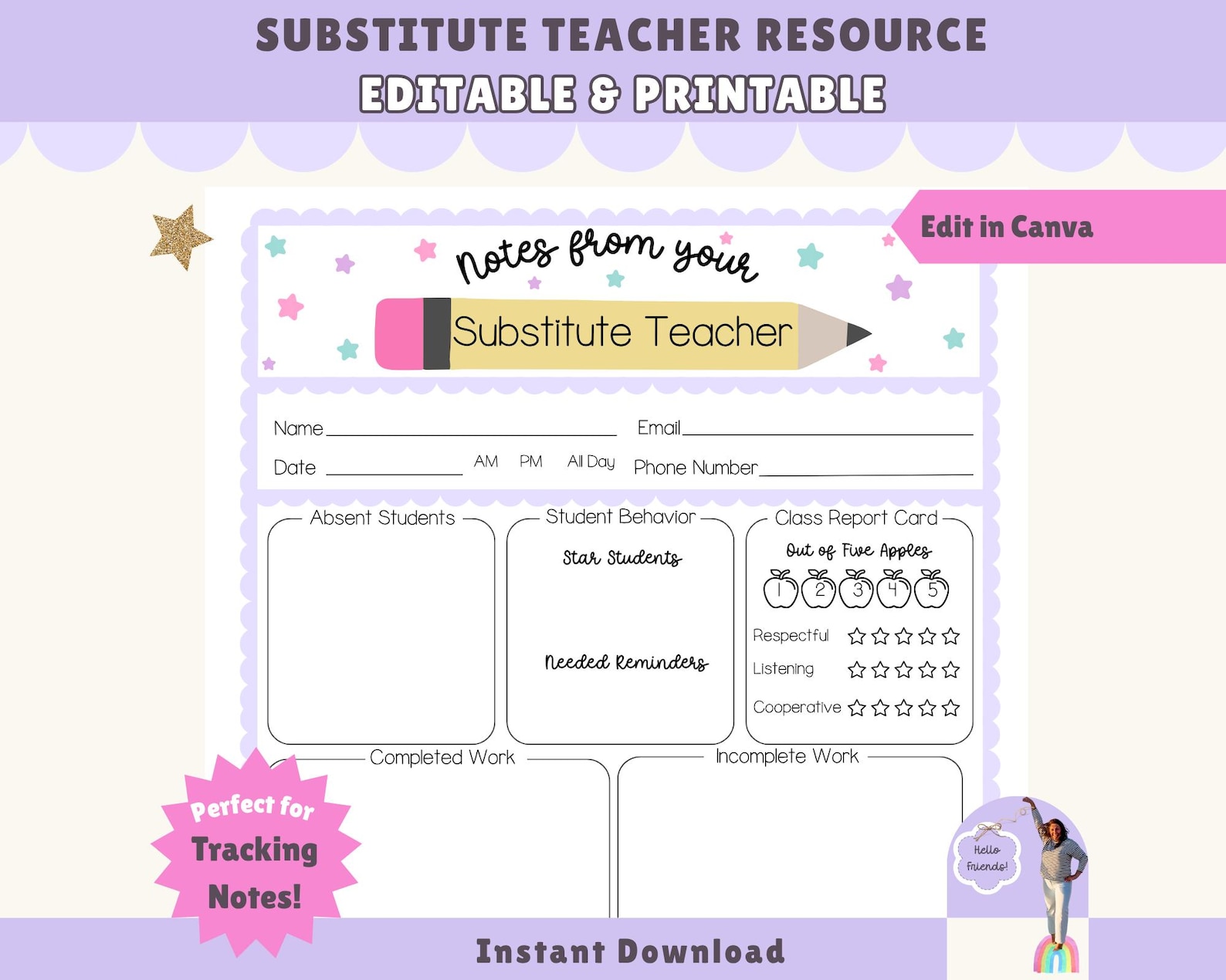 Substitute Teacher Report, Printable Note for Teachers, Substitute ...