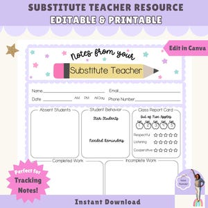 Substitute Teacher Report, Printable Note for Teachers, Substitute Teaching Resources, Classroom ...