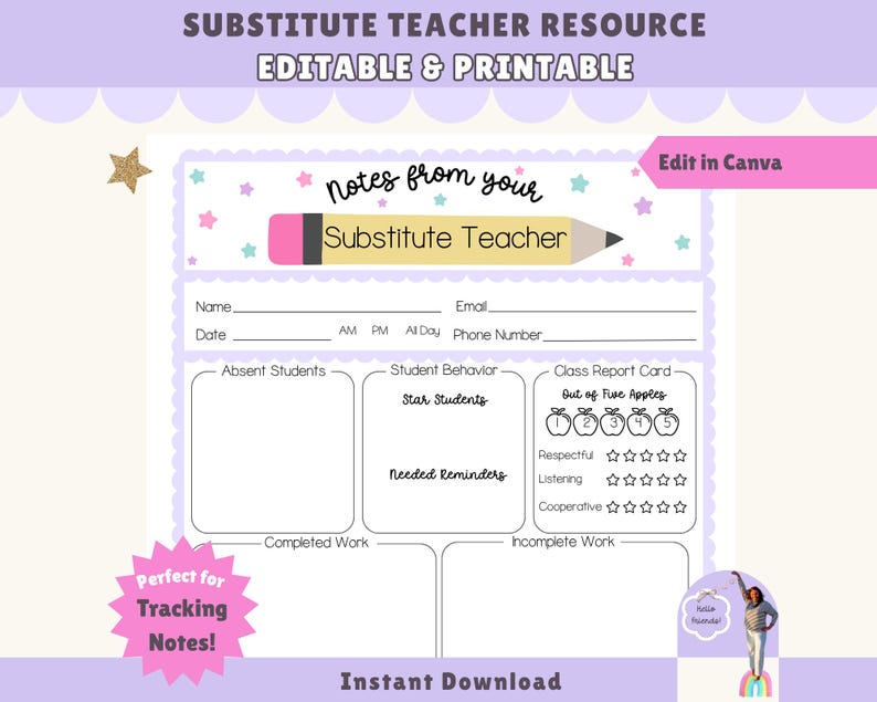 Substitute Teacher Report, Printable Note for Teachers, Substitute ...