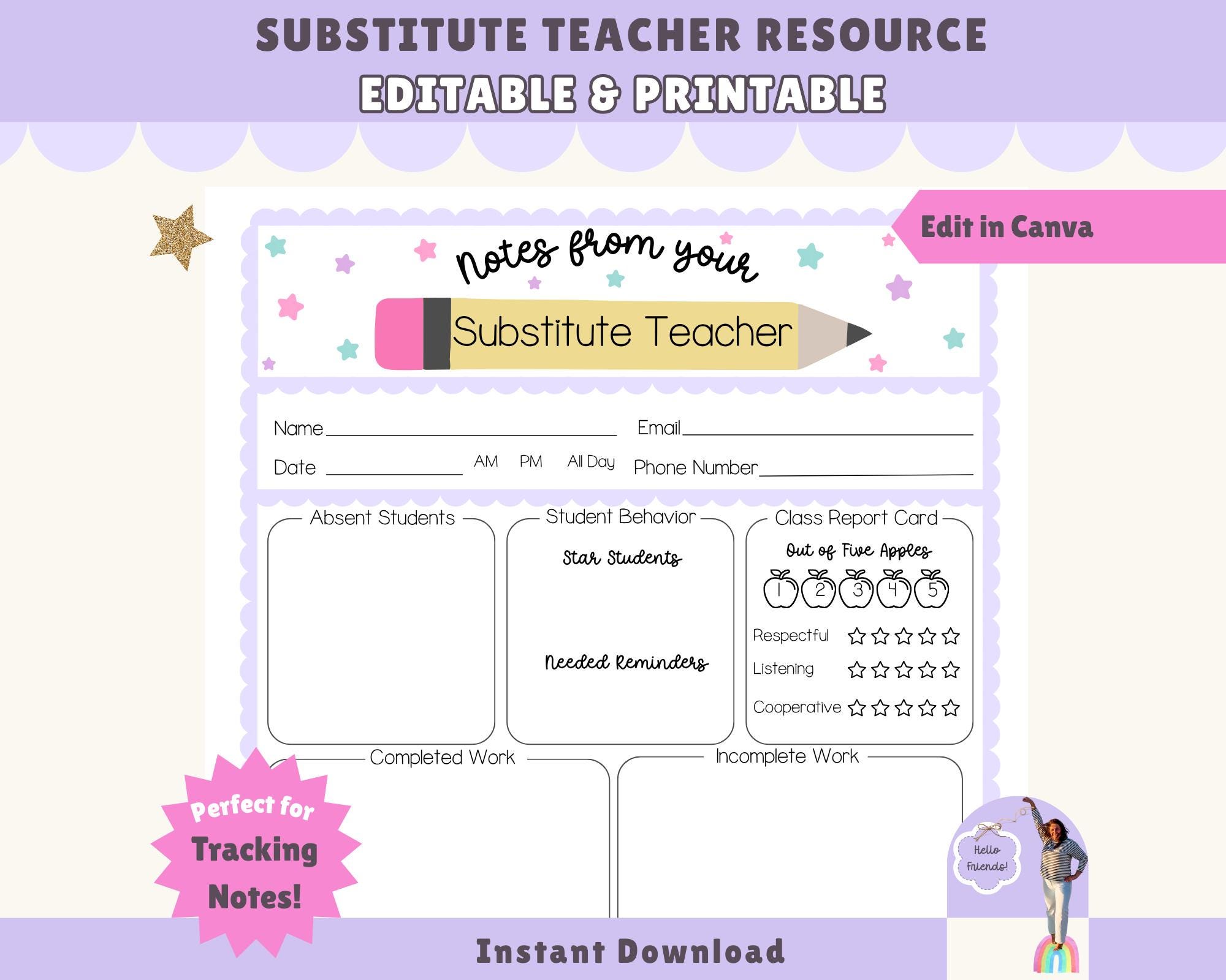 Substitute Teacher Report, Printable Note for Teachers, Substitute ...