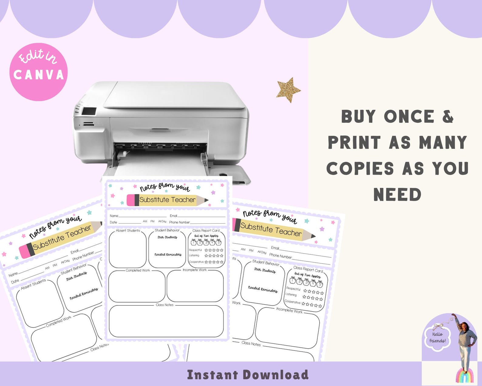 Substitute Teacher Report, Printable Note for Teachers, Substitute ...